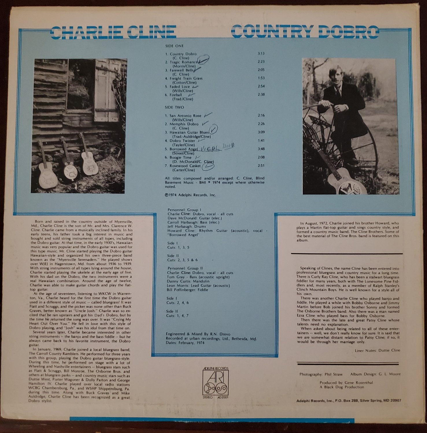 Charlie Cline Country Dobro Bluegrass Adelphi 1974 33 RPM Vinyl Record LP