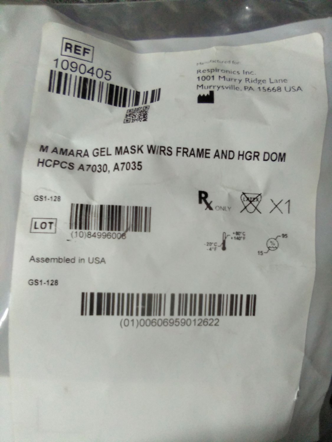 Philips 1090405 - MASK CPAP FULL FACE AMARA GEL W/HEADGEAR MED 1/EA