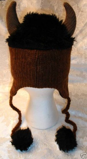 BUFFALO HAT knit Halloween costume black FLC LINED horns bulls bills ...
