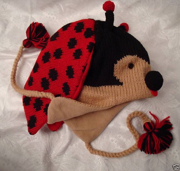 ADULT LADYBUG HAT cable knit BEANIE pilot flap Halloween Costume RED ...