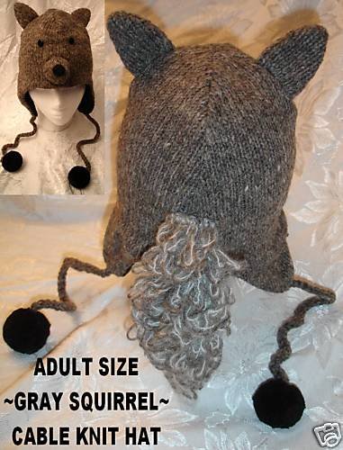 Gray Squirrel HAT knit ski cap CURLY fur TAIL Adult LINED grey ...