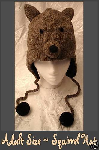 Gray Squirrel HAT knit ski cap CURLY fur TAIL Adult LINED grey ...