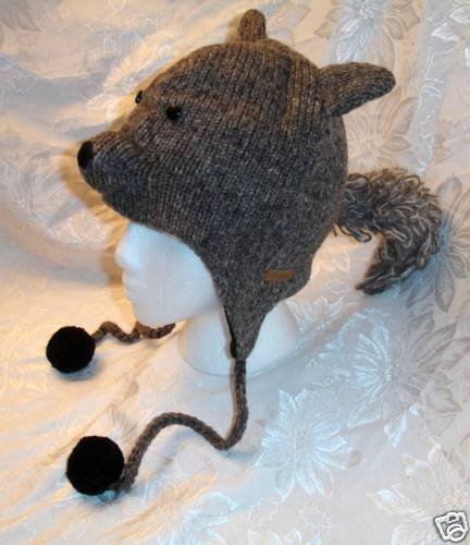 Gray Squirrel HAT knit ski cap CURLY fur TAIL Adult LINED grey ...