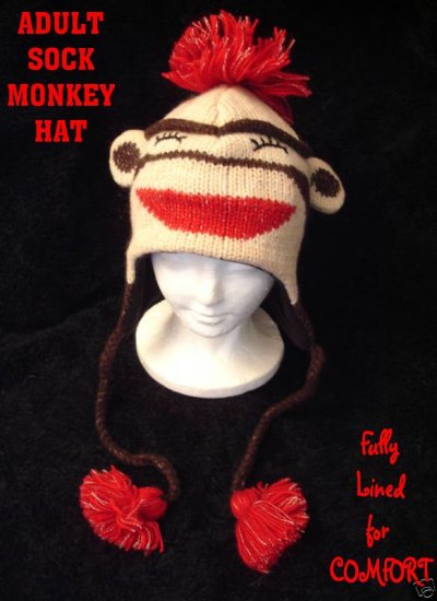 SOCK MONKEY HAT Adult size Fleece Lined Knit ski cap Warm SLEEPY ...