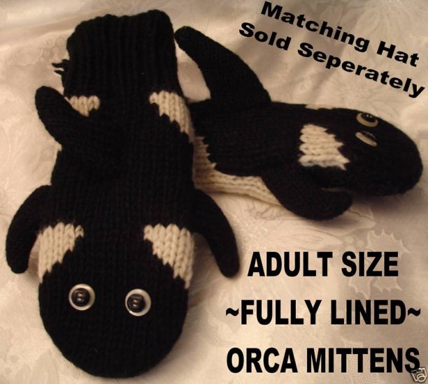 ORCA MITTENS knit ADULT Lined Killer Whale fins save the Whales PUPPET ...