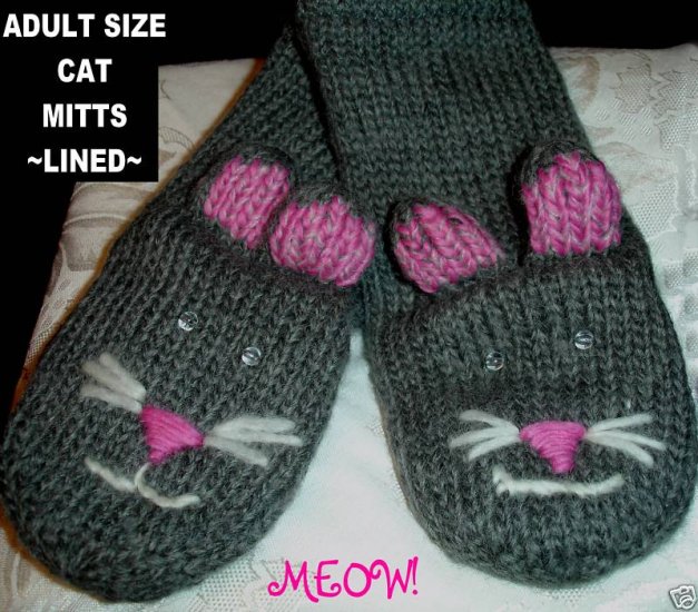 CAT MITTENS Gray Knit Kitty Face ADULT puppet grey Fleece Lined driving ...
