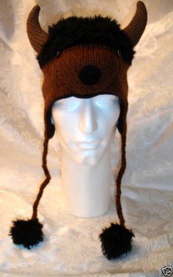 BUFFALO HAT knit Halloween costume black FLC LINED horns bulls bills ...