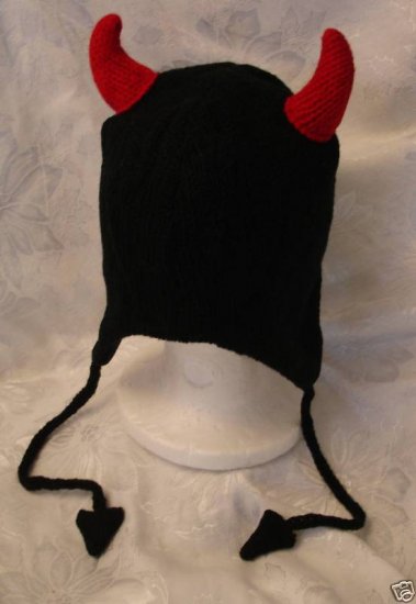BLACK DEVIL HAT knit ski cap ADULT Lined Halloween Costume Gift HORNS ...