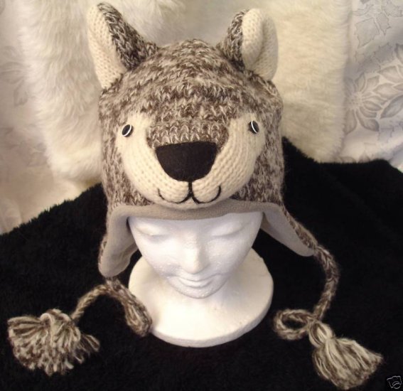 Gray white WOLF HAT knit ski cap FLEECE LINED animal Costume Mens ...