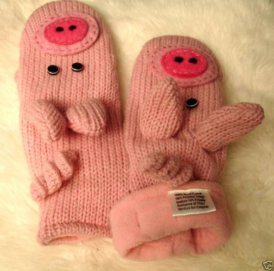 PIG MITTENS knit ADULT puppet PINK piggy FLEECE LINED Halloween costume ...