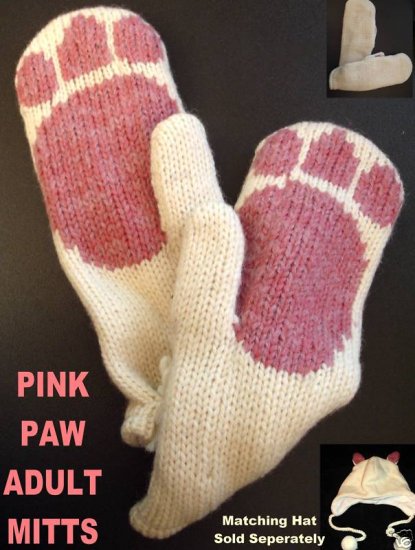 WHITE CAT MITTENS Lined mitts PINK PAWS wool knit ADULT animal puppet ...