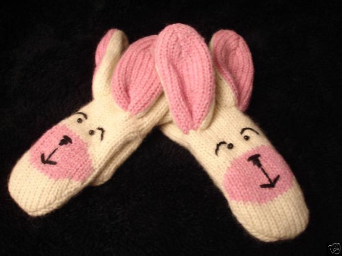 BUNNY MITTENS knit RABBIT pink and white ADULT SIZE puppet FLEECE LINED ...