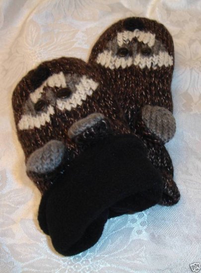 Raccoon MITTENS knit puppet brown Fleece Lined