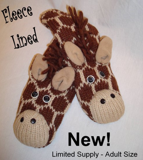 ADULT GIRAFFE MITTENS Brown / Tan HAND KNIT Fleece Lined animal shaped ...