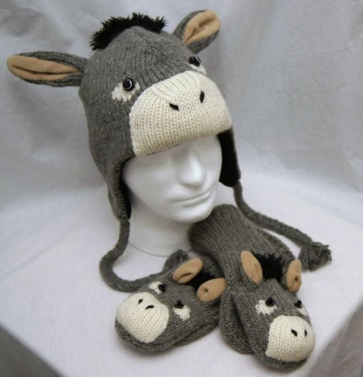 deLux DONKEY KNIT HAT adult size animal Costume Cap FLEECE LINED mens ...
