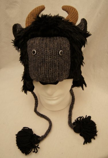 BUFFALO HAT knit Halloween costume FLC LINED black horns bulls bills ...