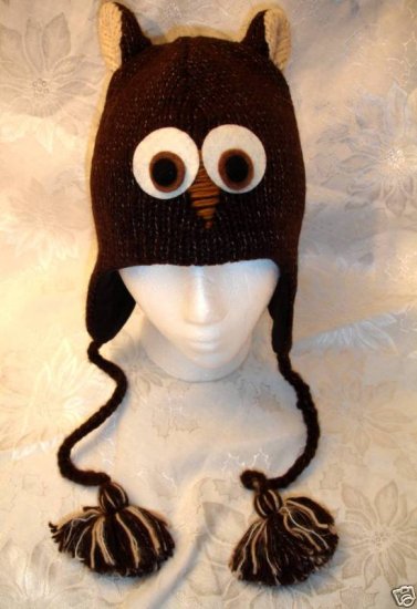 BROWN OWL HAT knit ski cap ADULT Costume FLEECE LINED barn hoot BIRD LOVER