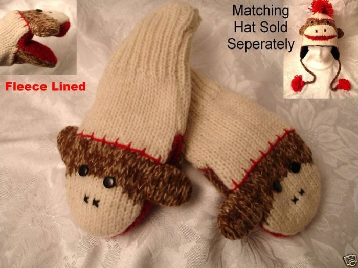 SOCK MONKEY MITTENS adult size KNIT mens womens FLEECE LINED trench ...