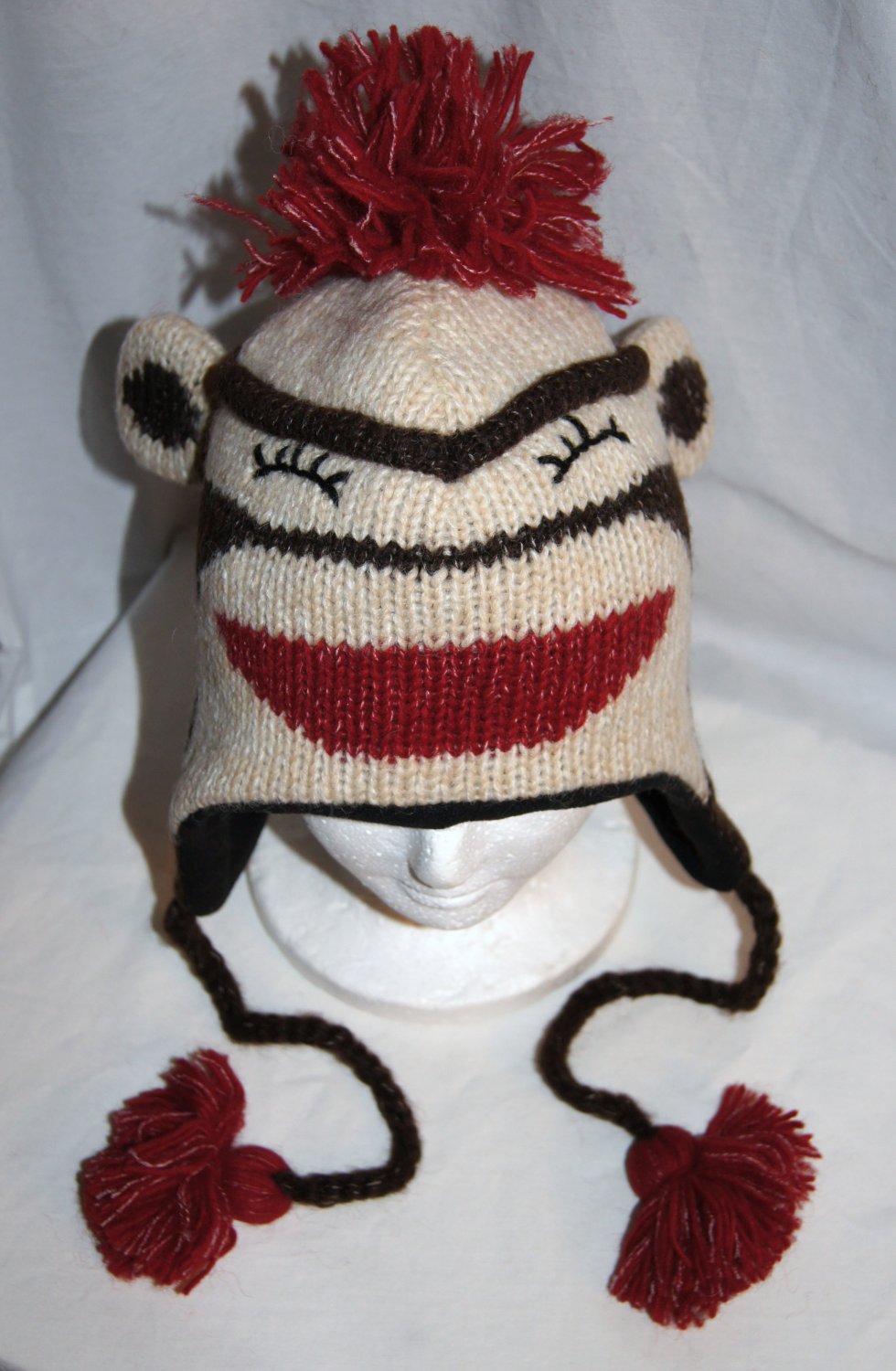 SLEEPY SOCK MONKEY HAT Soft ADULT ONE SIZE Lined Fleece Knit ski Cap ...