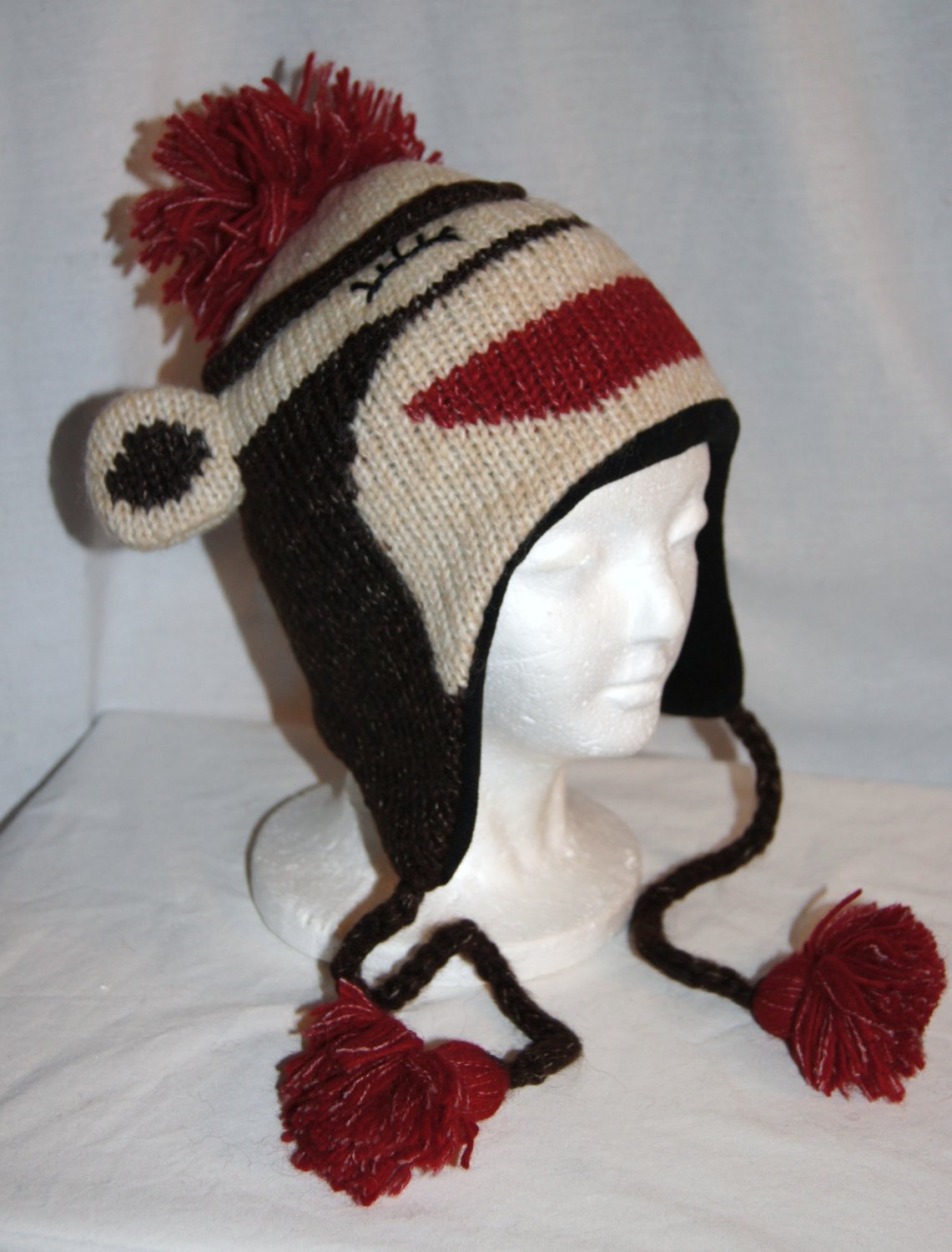 SLEEPY SOCK MONKEY HAT Soft ADULT ONE SIZE Lined Fleece Knit ski Cap ...