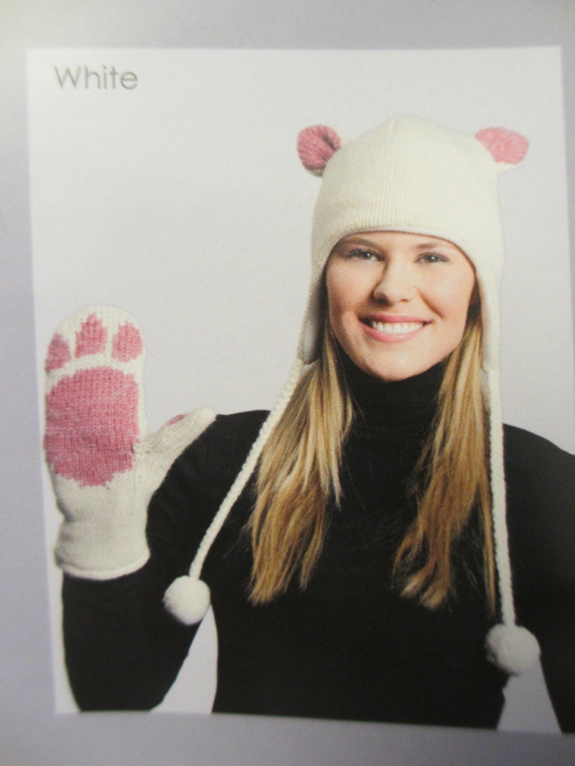 CAT MITTENS white knit FLEECE LINED pink paws bear Halloween costume kitty