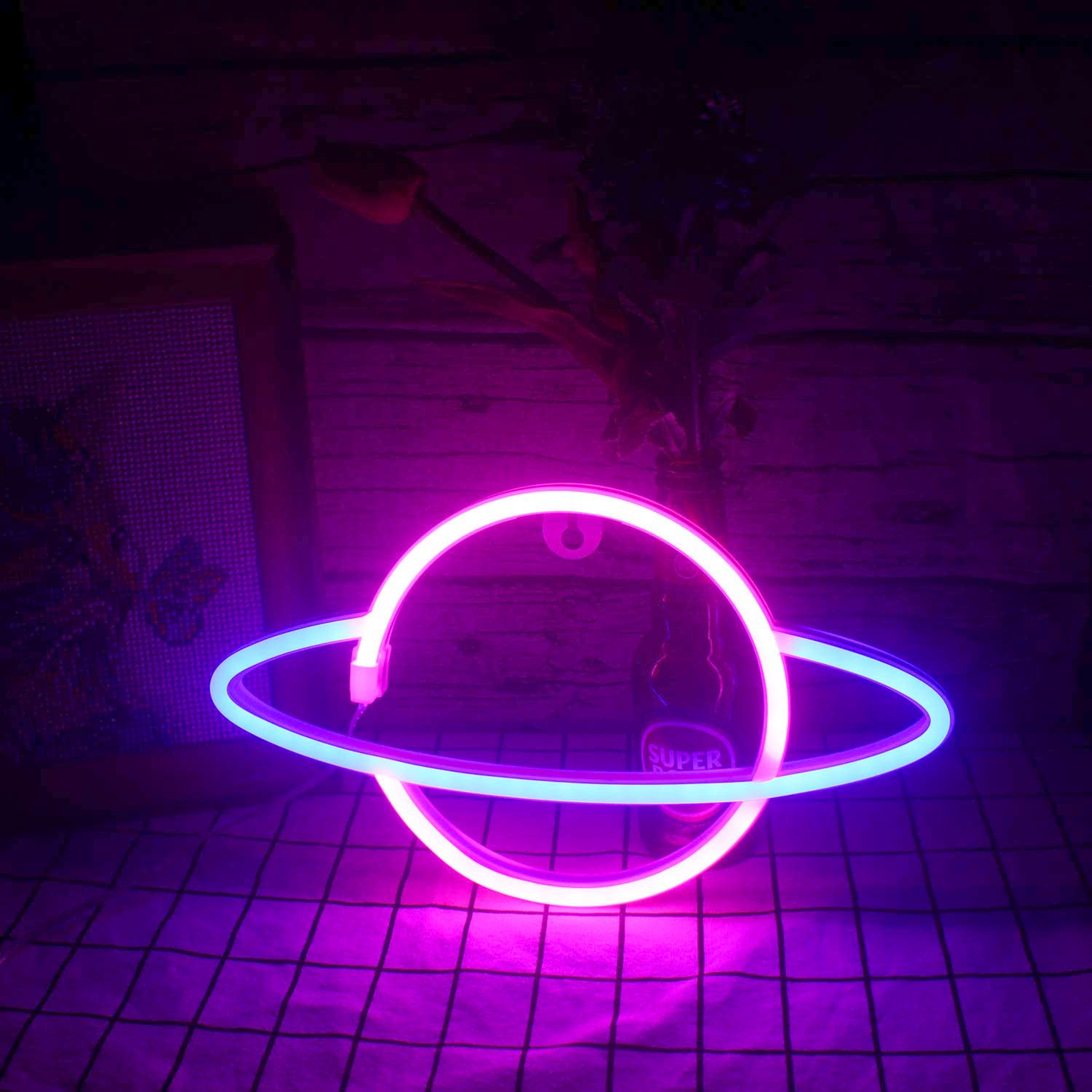 Pink and Blue Planet LED Neon Sign, Planet Neon Wall Light