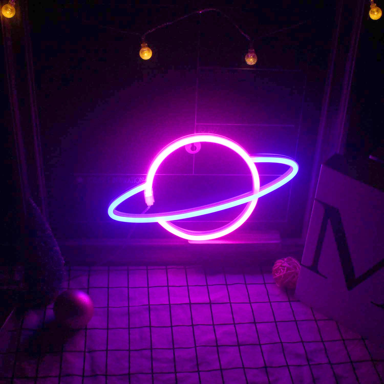 Pink and Blue Planet LED Neon Sign, Planet Neon Wall Light