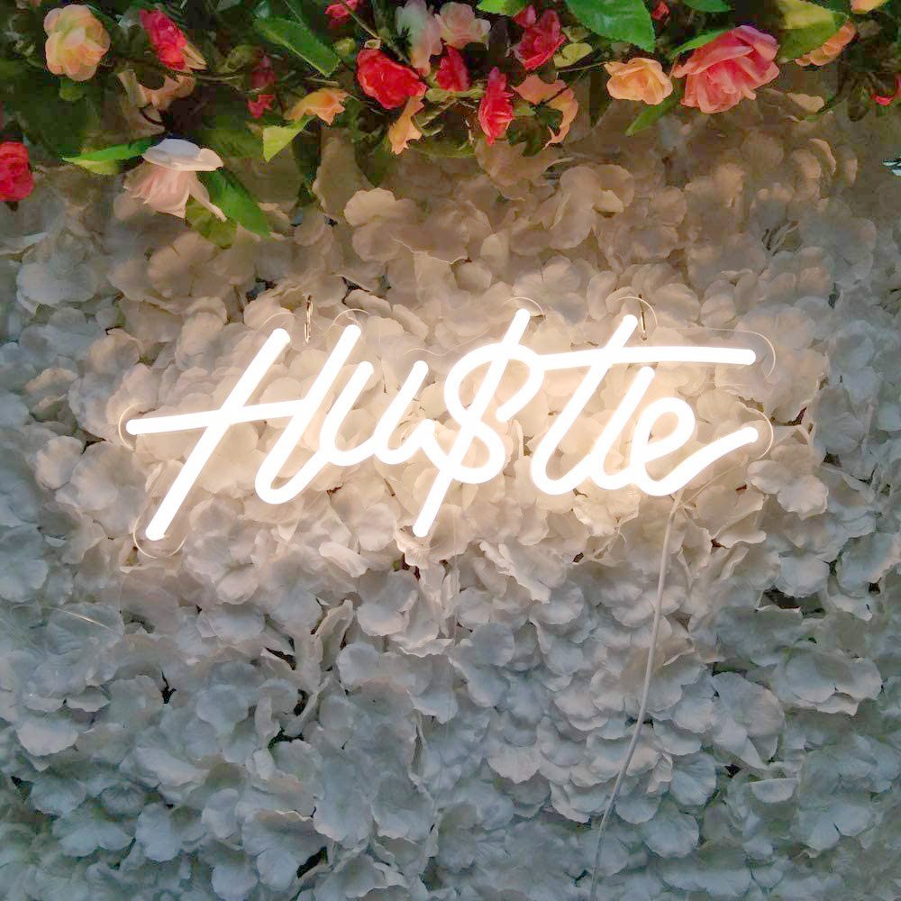 White Hustle LED Neon Sign, White Wall Light