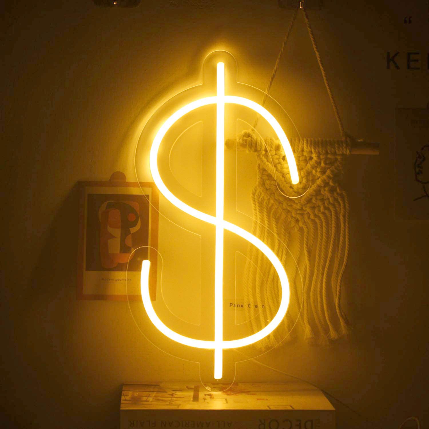 Warm White $ LED Neon Sign, White Dollar Sign Wall Light