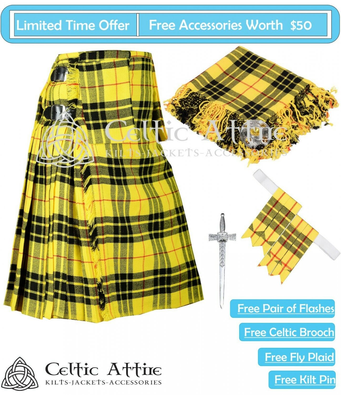 Custom Scottish 8 Yard MACLEOD of LEWIS Tartan KILT Package Free Pin ...