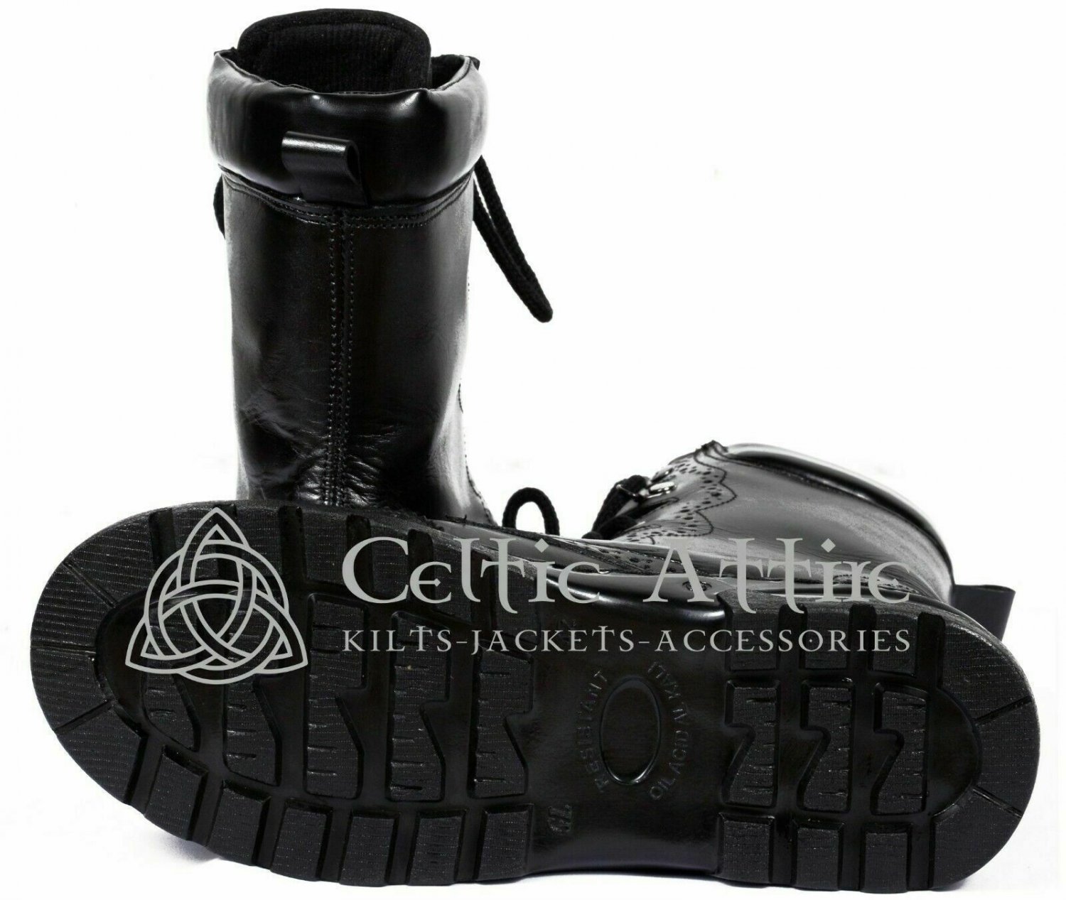 Handmade Scottish Kilt Ghillie Brogue Black Boots Real Leather Shoes - US Size 11