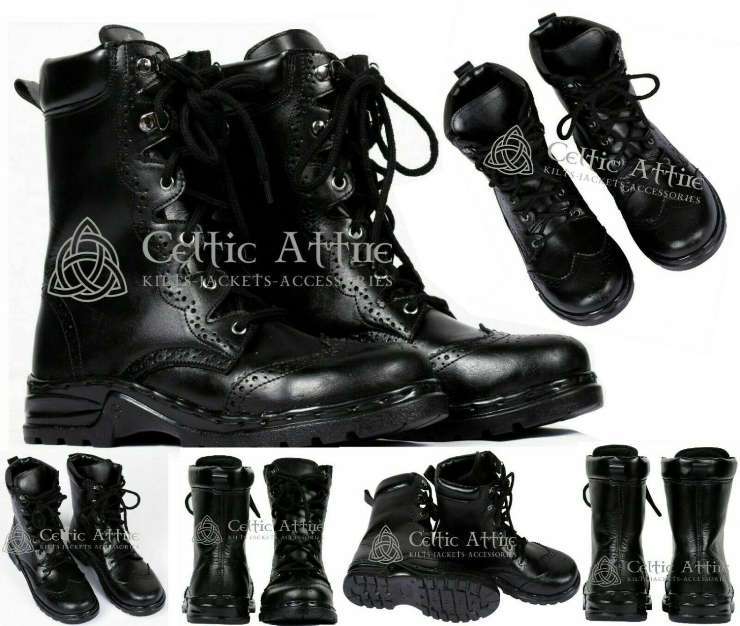 Handmade Scottish Kilt Ghillie Brogue Black Boots Real Leather Shoes - UK Size 7