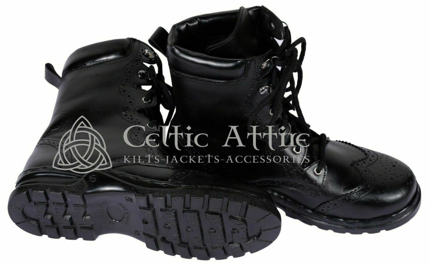 Handmade Scottish Kilt Ghillie Brogue Black Boots Real Leather Shoes - UK Size 7