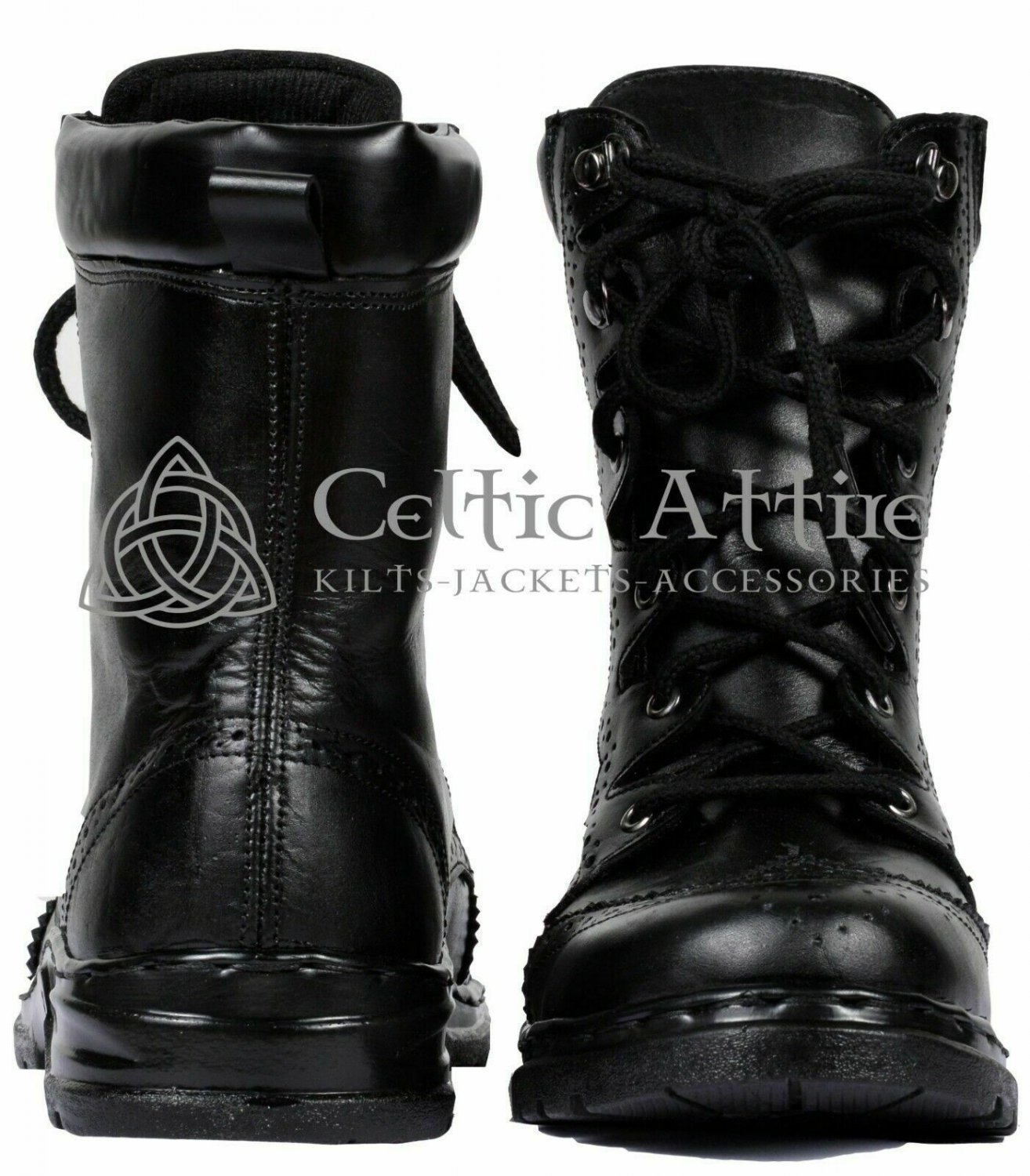 Handmade Scottish Kilt Ghillie Brogue Black Boots Real Leather Shoes - UK Size 9