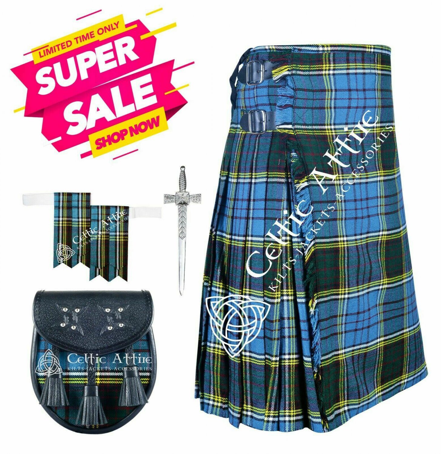 34 Size Scottish 8 Yard ANDERSON Tartan Highlander Custom KILT Free ...