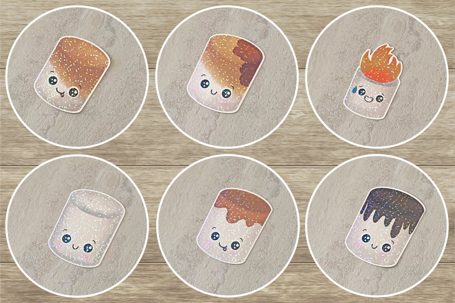 Cartoon Marshmallows Waterproof Die Cut Holographic Stickers 6 piece Set