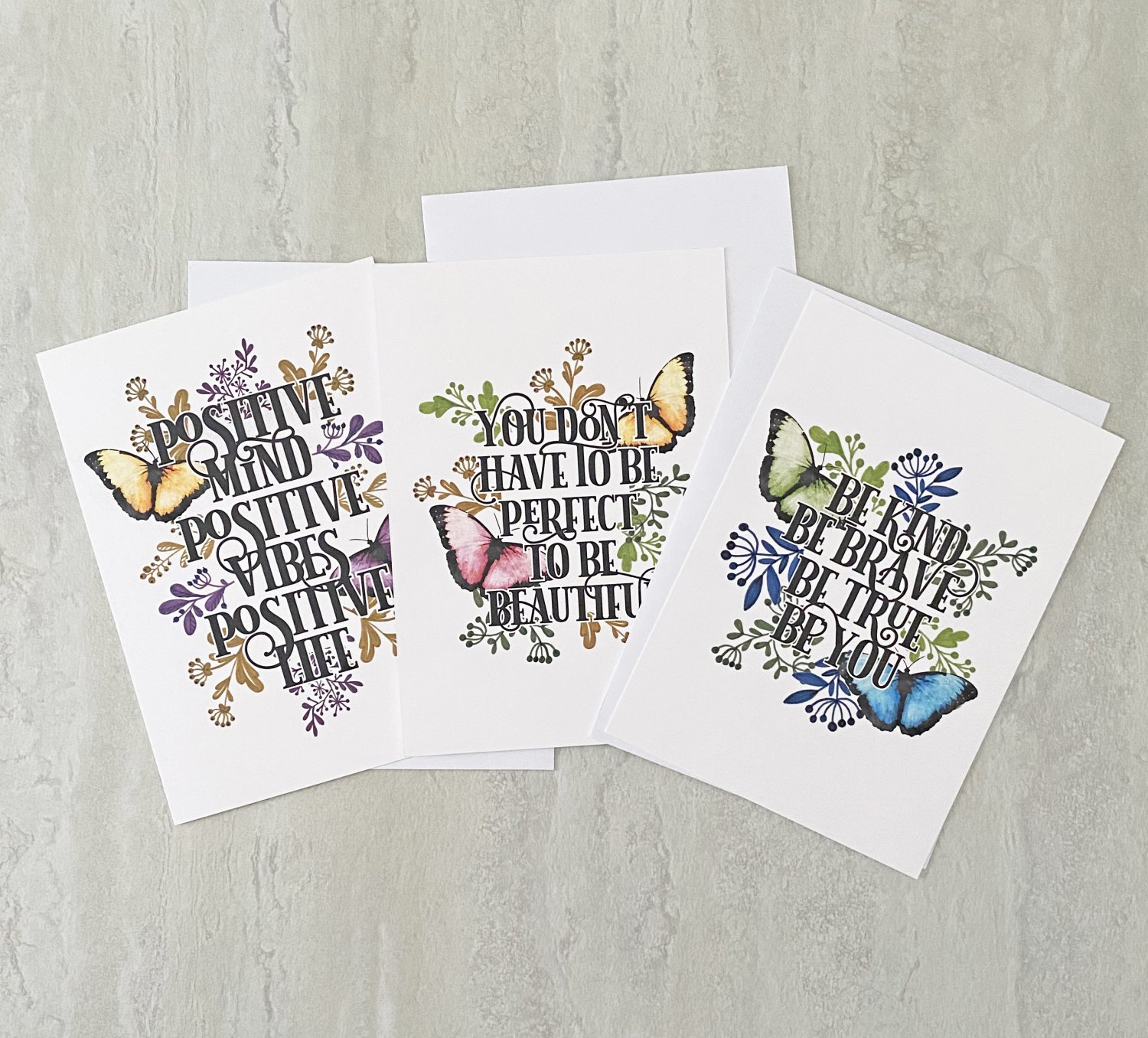 Butterfly Floral Motivational Quotes Notecards with envelopes Set of 3