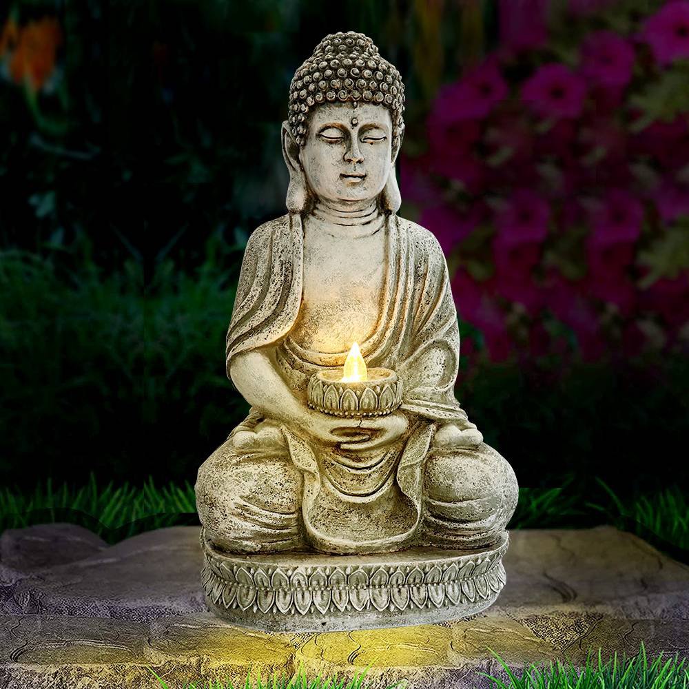 Meditating Sitting Buddha Solar Lights Outdoor Garden Patio Statue ...
