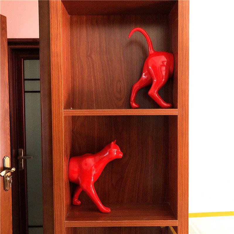 3D Through Wall Figure Sculpture Art Red Cat Statue Characters Resin ...