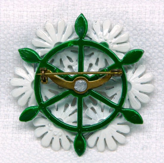 Vintage painted daisy cluster pin brooch white orange green daisies ...
