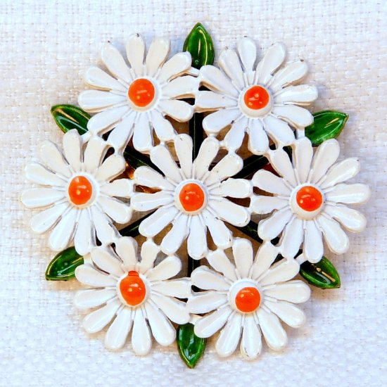 Vintage painted daisy cluster pin brooch white orange green daisies ...