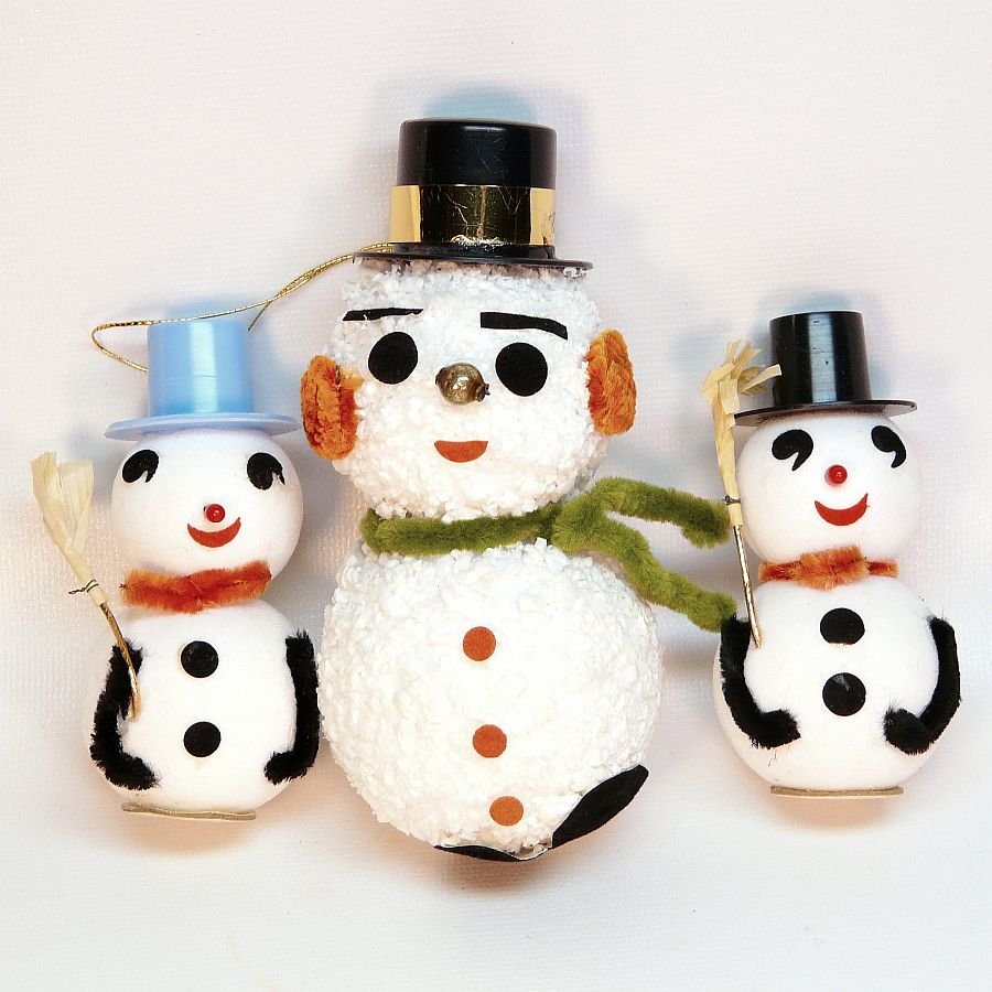 3 vtg snowmen top hats ornaments flocked styrofoam snow Christmas snowman