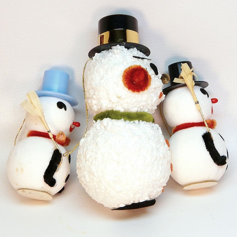 3 vtg snowmen top hats ornaments flocked styrofoam snow Christmas snowman