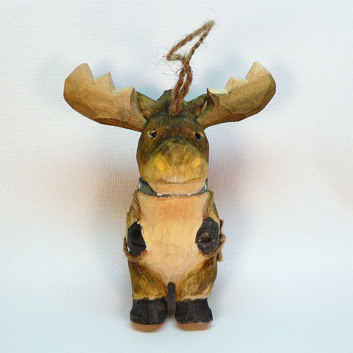 Hand carved wooden moose with backpack Christmas ornament country