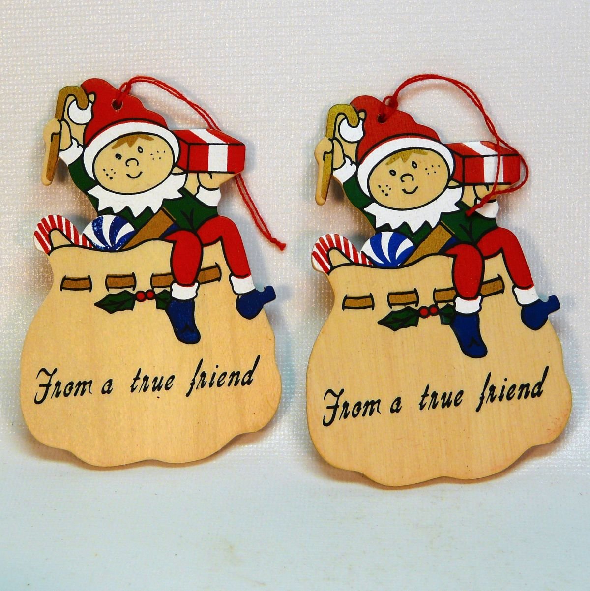 2 wooden elf gift tag Christmas ornaments From a True Friend
