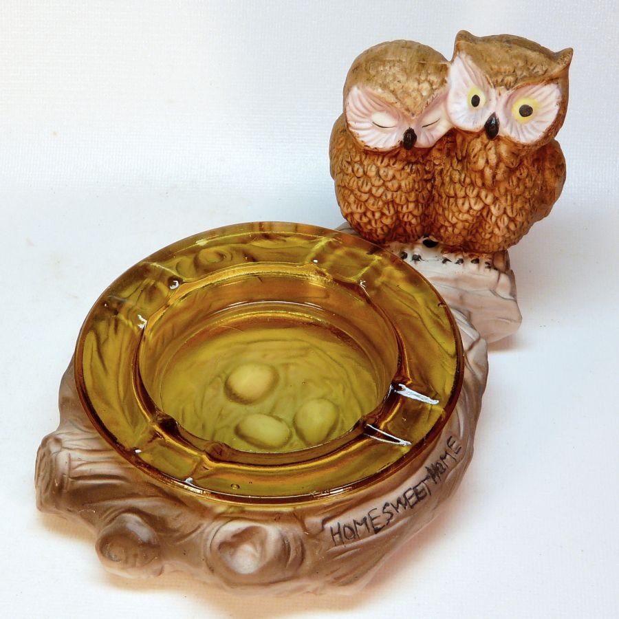 Vintage owl nest ashtray ceramic with amber glass insert