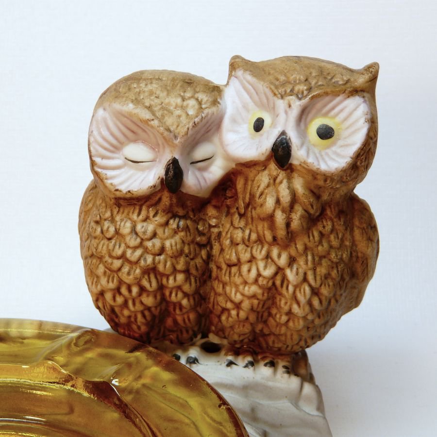 Vintage owl nest ashtray ceramic with amber glass insert