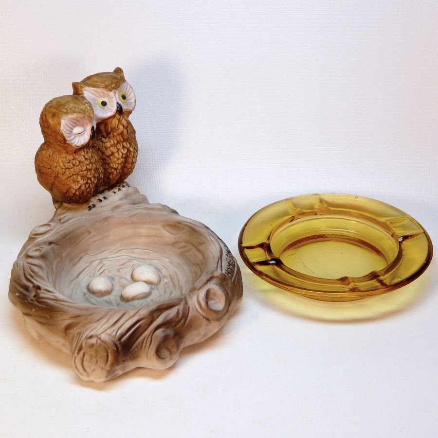 Vintage owl nest ashtray ceramic with amber glass insert