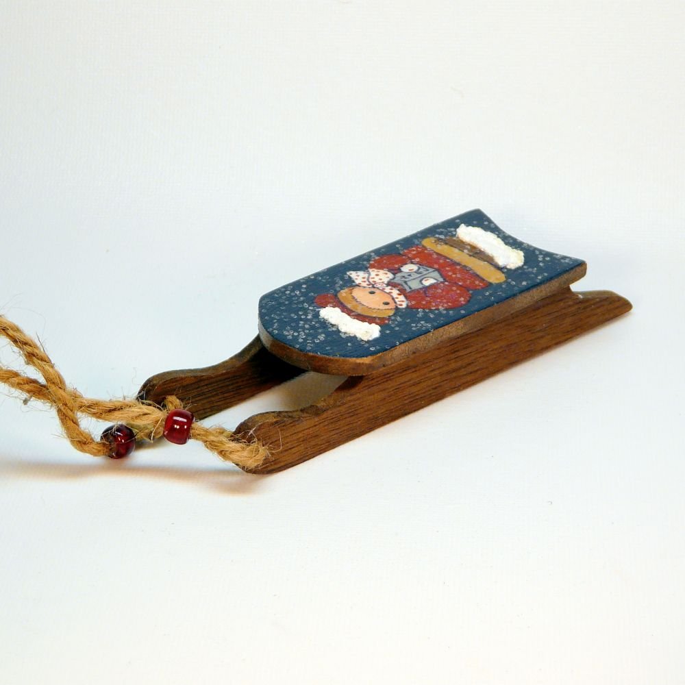 Vintage sled Christmas ornament hand painted wood caroler