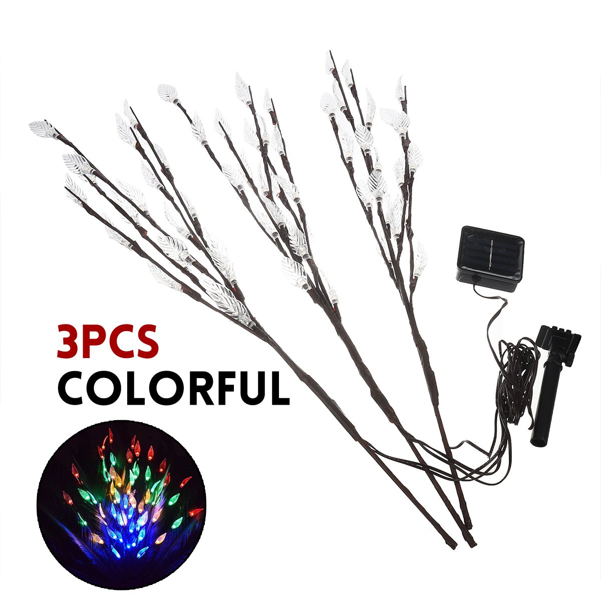 Solar Leaf Branch for gardens, pots and walkways. 3 Pieces, 60 LED Lights.